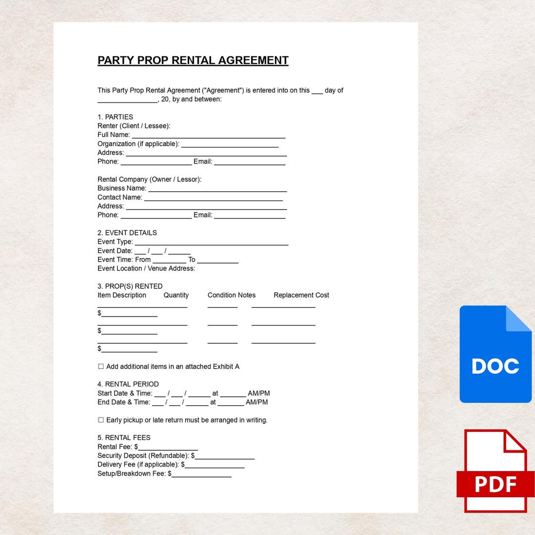 Party Prop Rental Agreement Template: Editable Event Contract (PDF ...