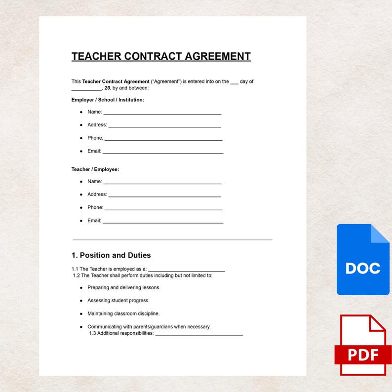 Editable Teacher Contract Template: School Employment Agreement ...