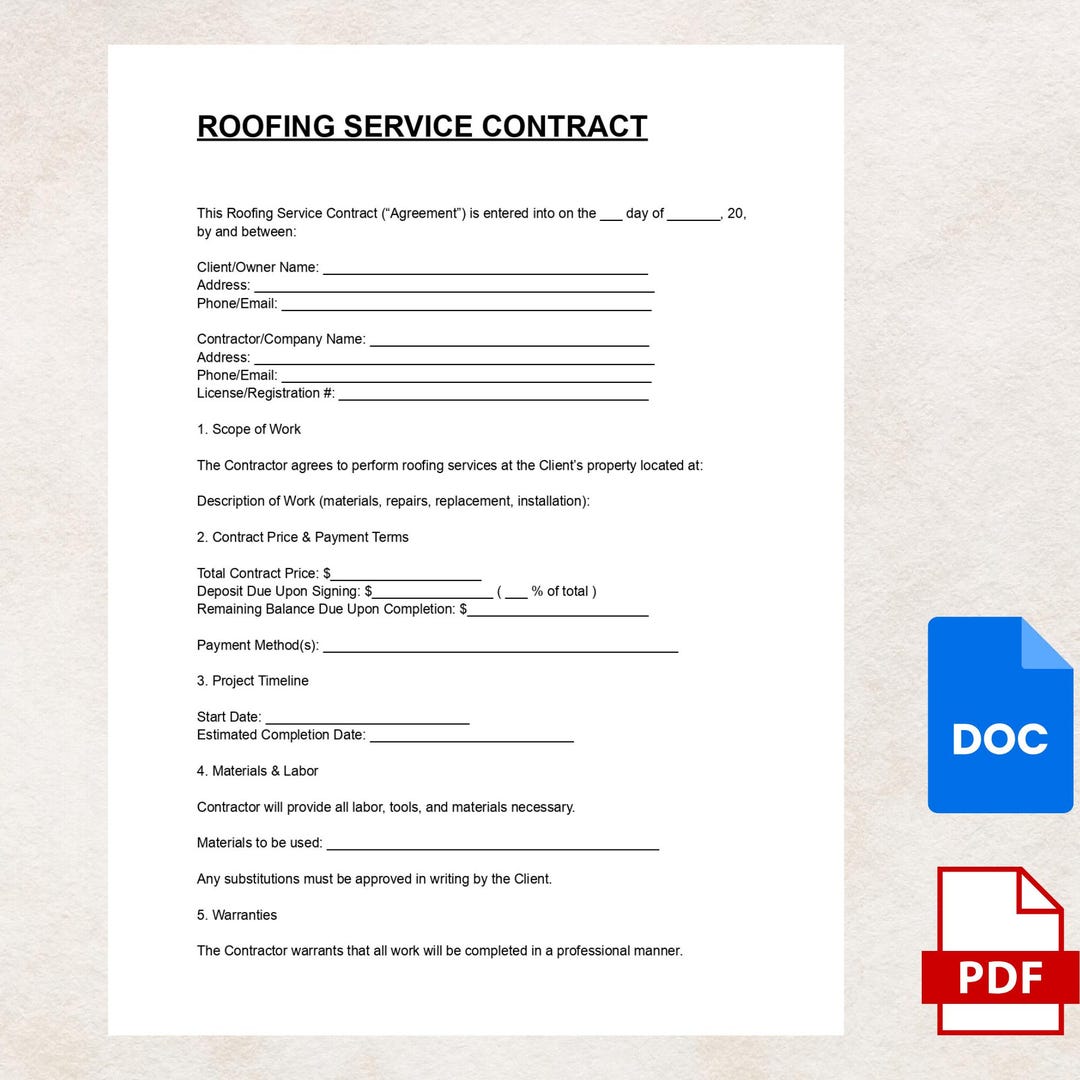Roofing Service Contract Template DOC & PDF | Editable Roofing Work ...