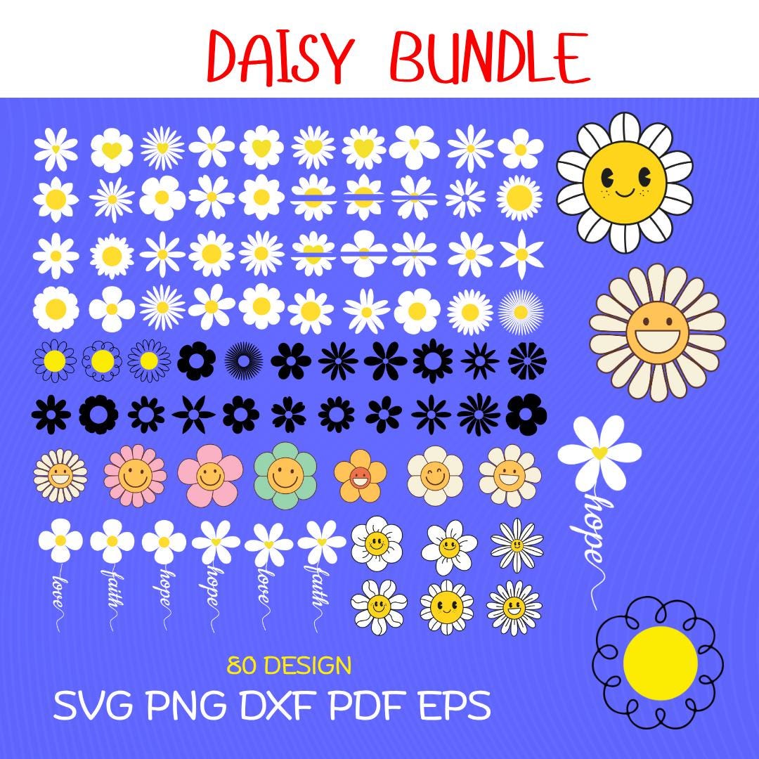 Daisy 80 Design Bundle Svg Png Pdf Eps Dxf Clipart File Instant Digital ...