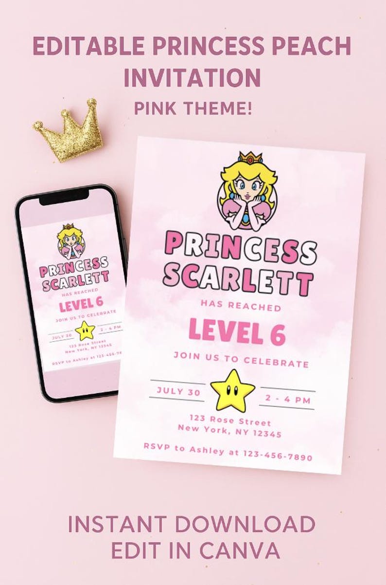 Princess Peach Birthday Invitation: Editable Super Mario Theme (digital ...
