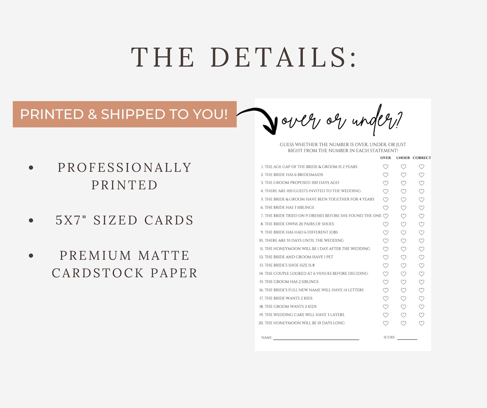 Over or Under? Bridal Shower Game, Printed Card - Etsy