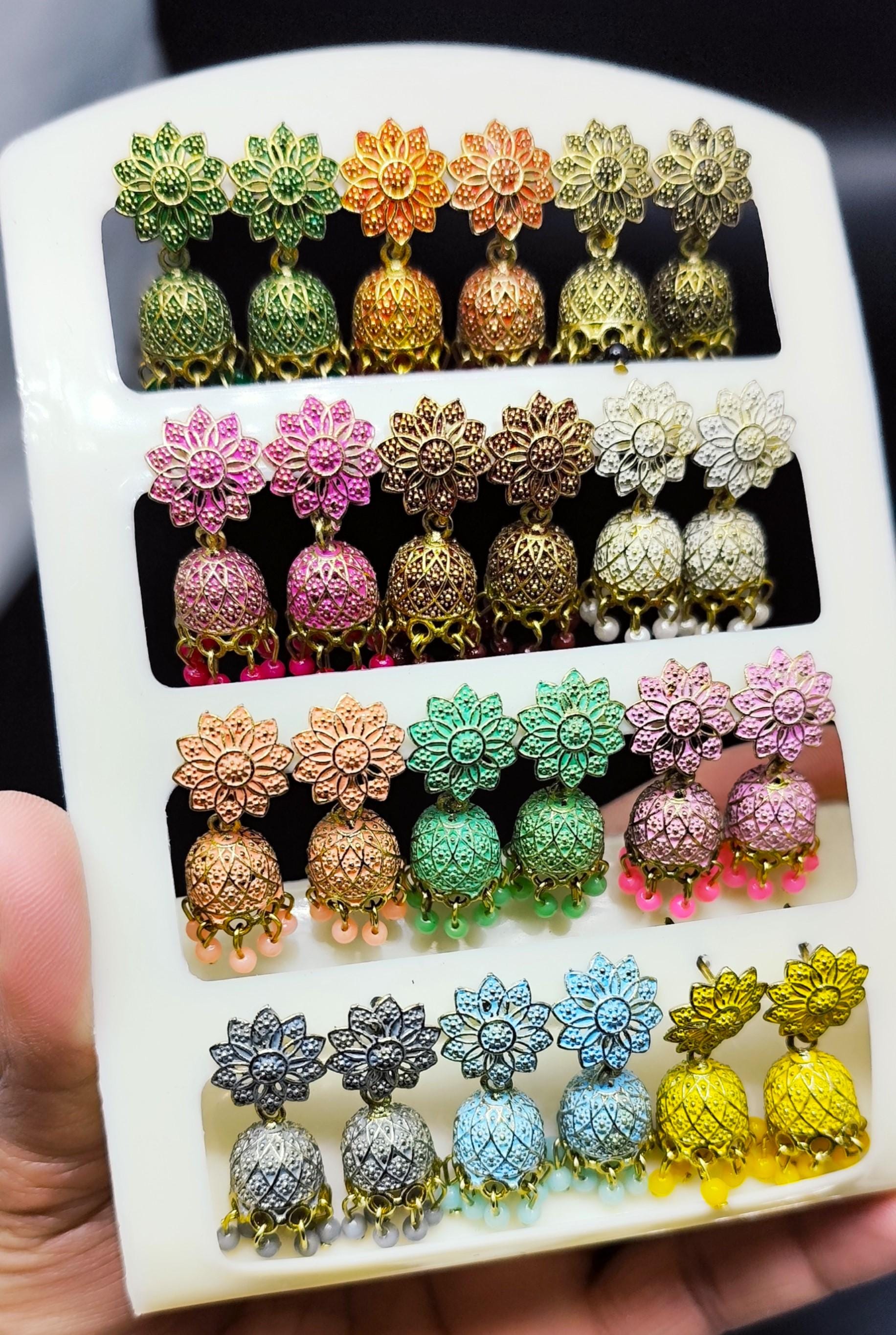 12 Pairs Indian Jhumka Earrings Set, Multicolor Traditional Jhumki ...