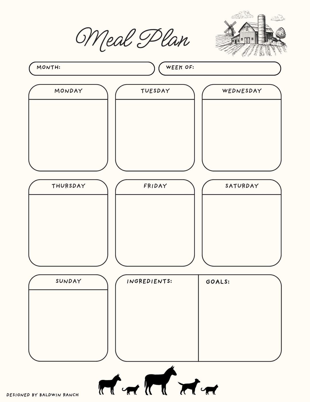 Farmhouse Meal Planner Printable| Weekly Menu & Grocery List PDF ...