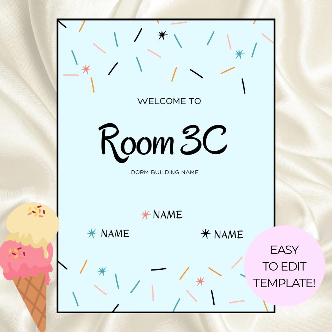 Dorm Room Door Sign: Editable Welcome Name Tag, Sprinkles Decor (8.5x11 ...