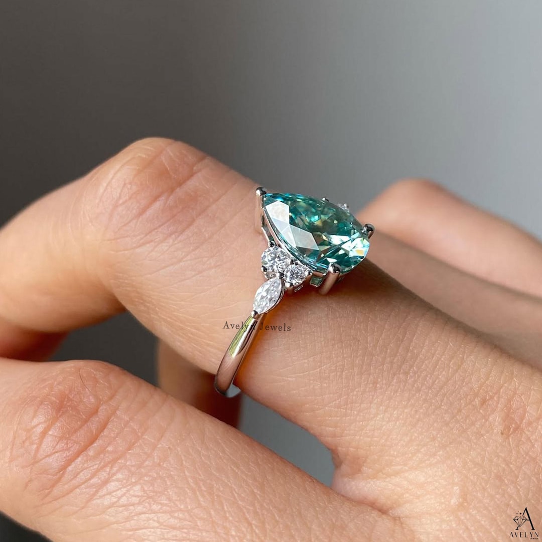 Cyan Blue Pear Cut Moissanite Engagement Ring, Gold Marquise Diamond ...