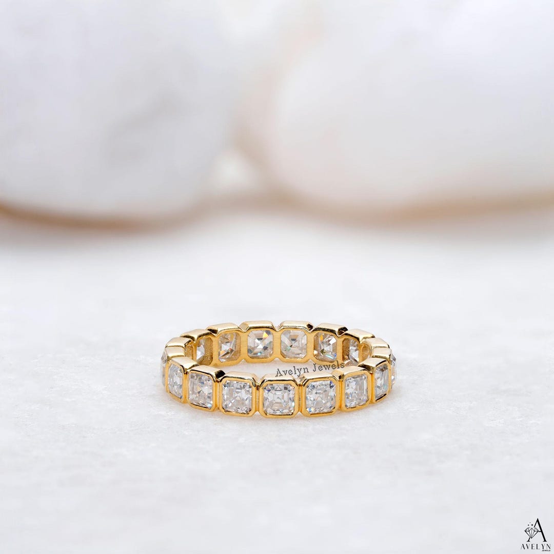 Asscher Cut Moissanite Diamond Engagement Band for Her, 14k Solid Gold ...