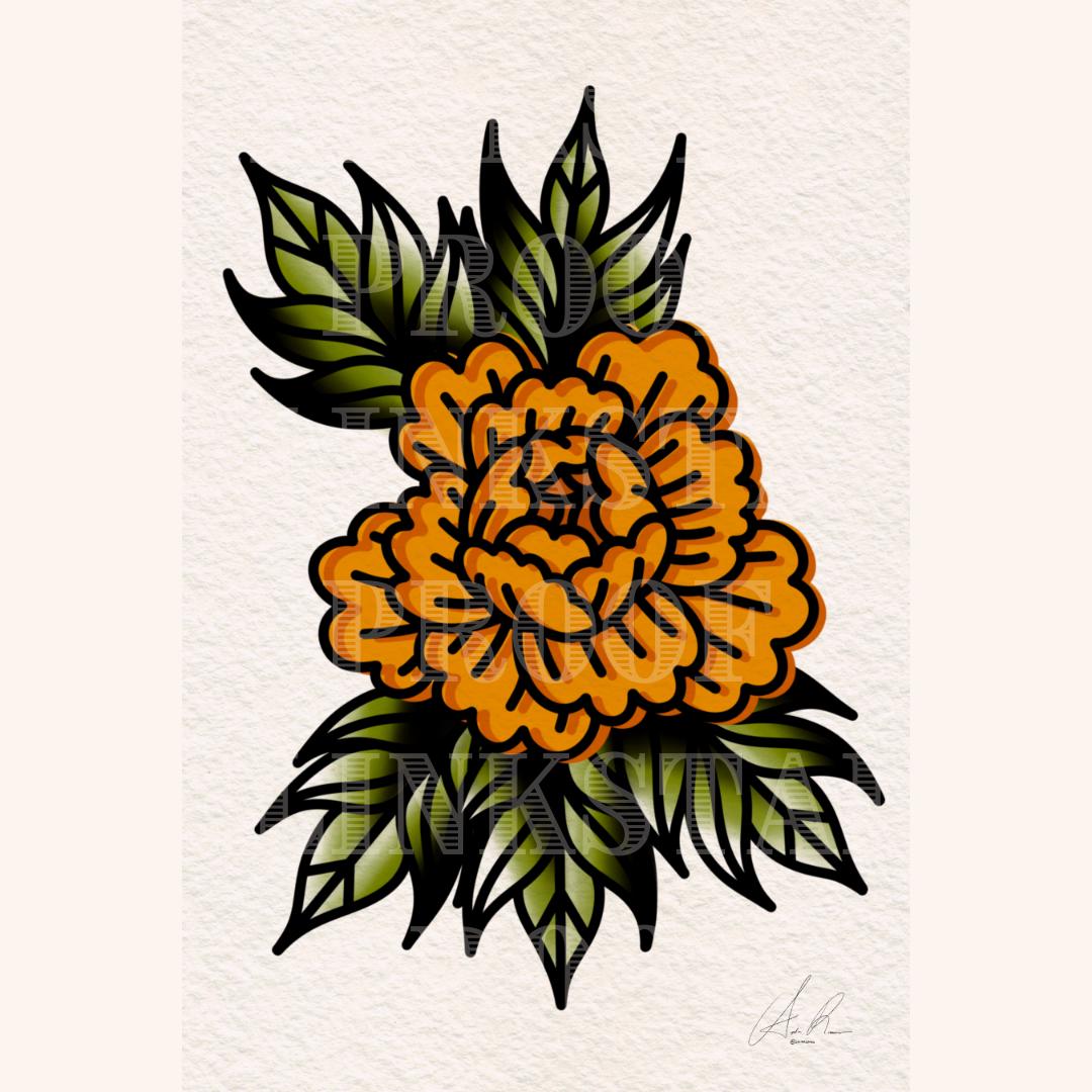 Vintage Tattoo Flash Art Print: Orange Peony Floral (digital Download ...