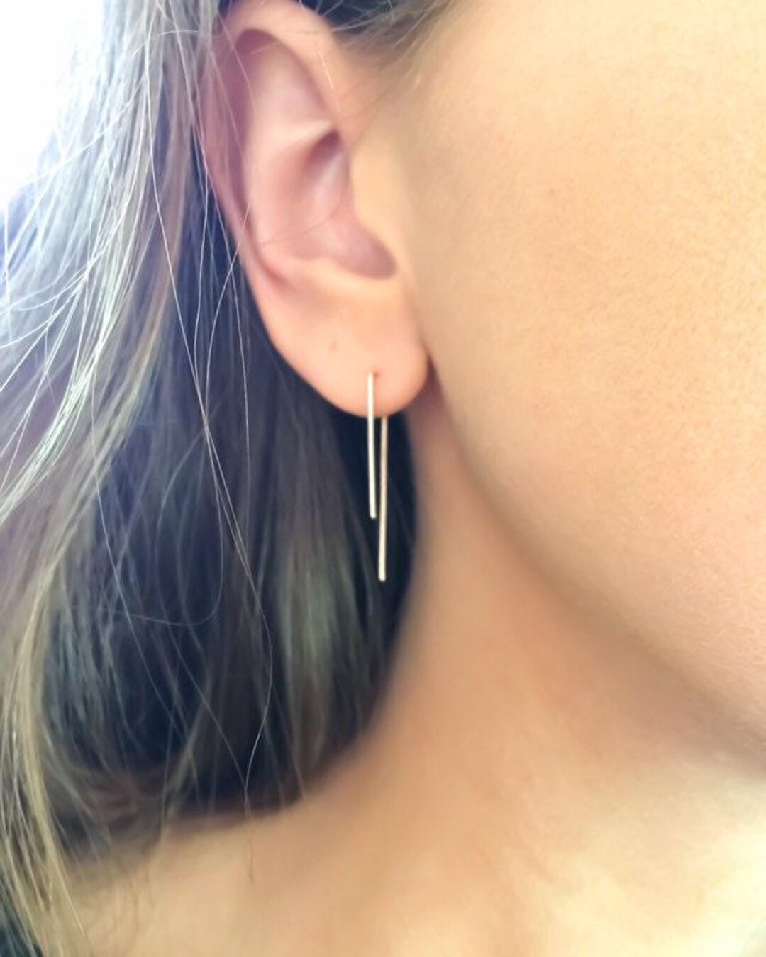 Long and Short Staple Earrings, Minimalist Earrings, Gold Hoop Bar ...