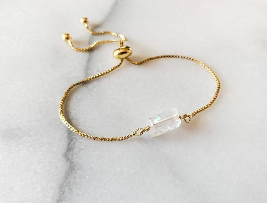 April Birthstone Bracelet – Clear Quartz – Adjustable Box Chain – Gold ...