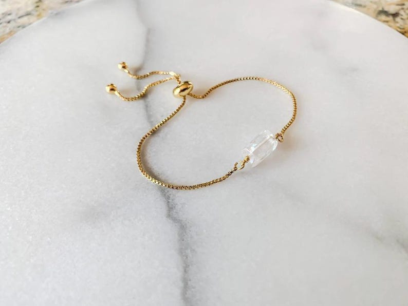 April Birthstone Bracelet – Clear Quartz – Adjustable Box Chain – Gold ...