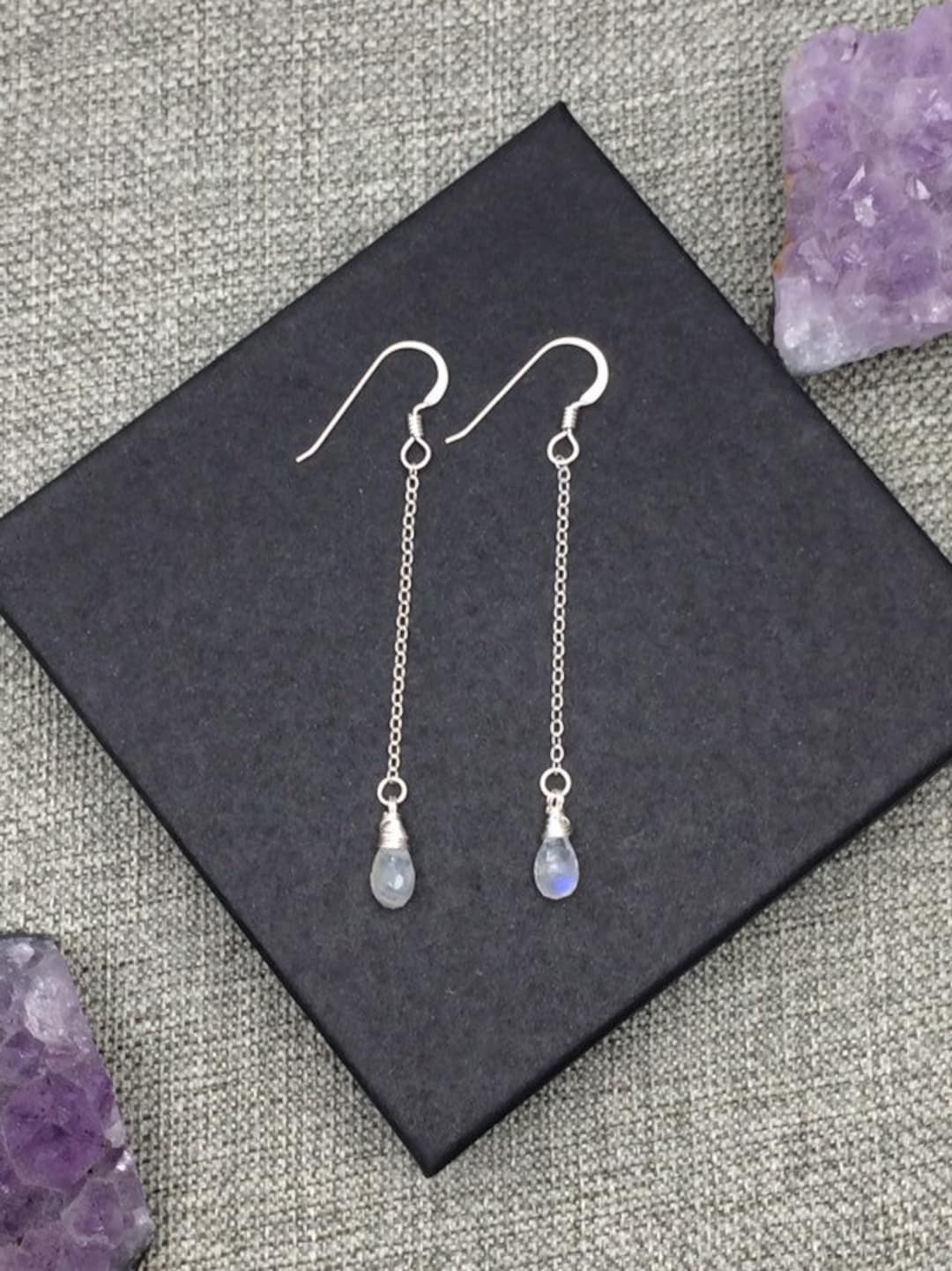 Rainbow Moonstone Chain Drop Earrings, Moonstone Earrings, Blue Flash Moonstone, 14k Gold Filled ...