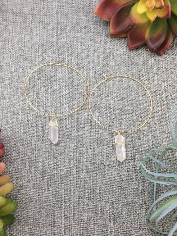 Quartz Raw Crystal Wire Wrapped Hoop Earrings Raw Quartz Point | Etsy