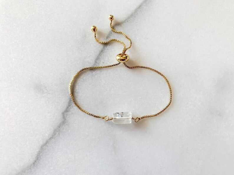 April Birthstone Bracelet – Clear Quartz – Adjustable Box Chain – Gold ...