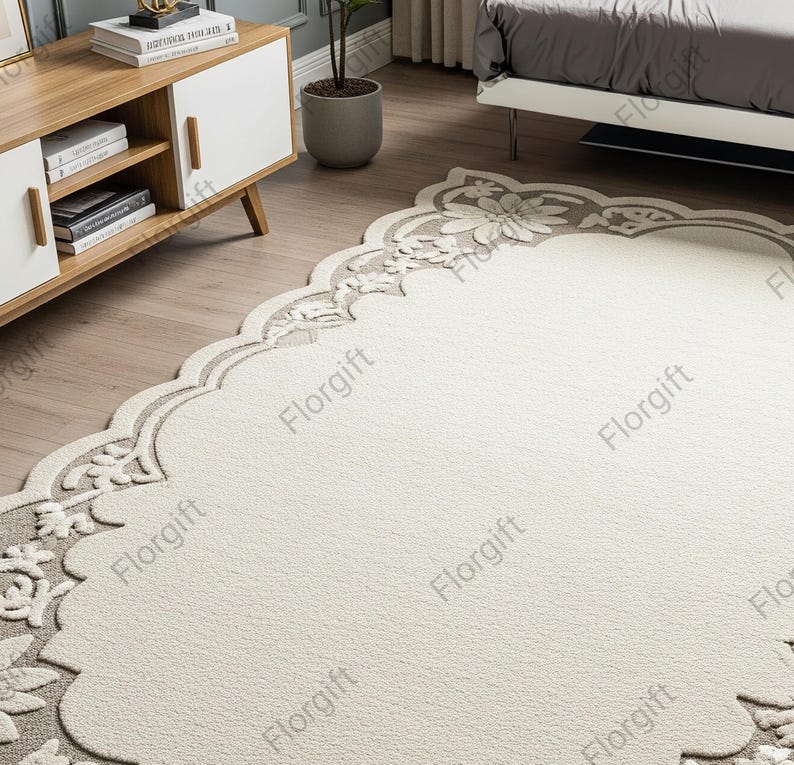 Off White Floral Hand Tufted Scalloped Wool Area Rugs for Living Room ...