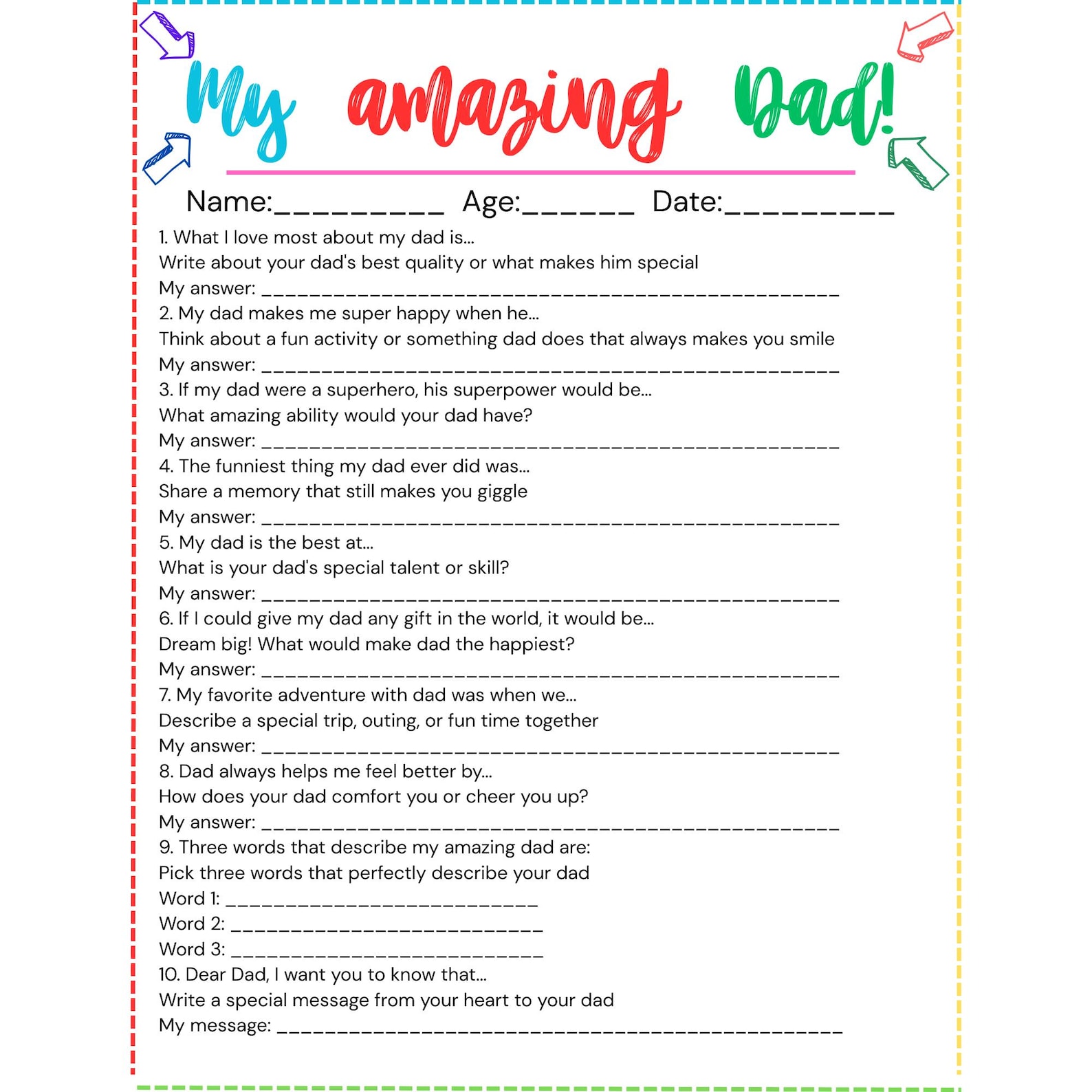 Father's Day Questionnaire – "all About My Dad" Fill-in Printable (PDF ...