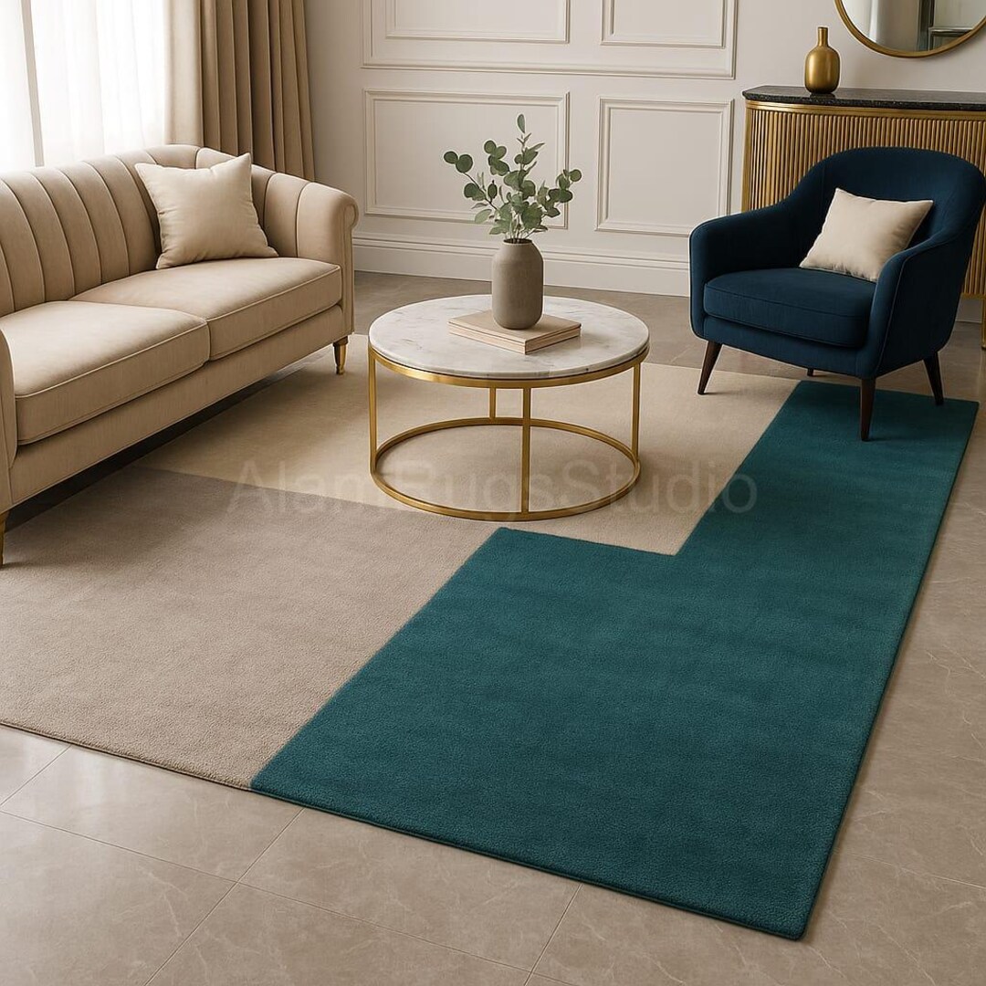 Modern L-shaped Colorblock Rug – Custom Handmade Teal & Beige Wool ...
