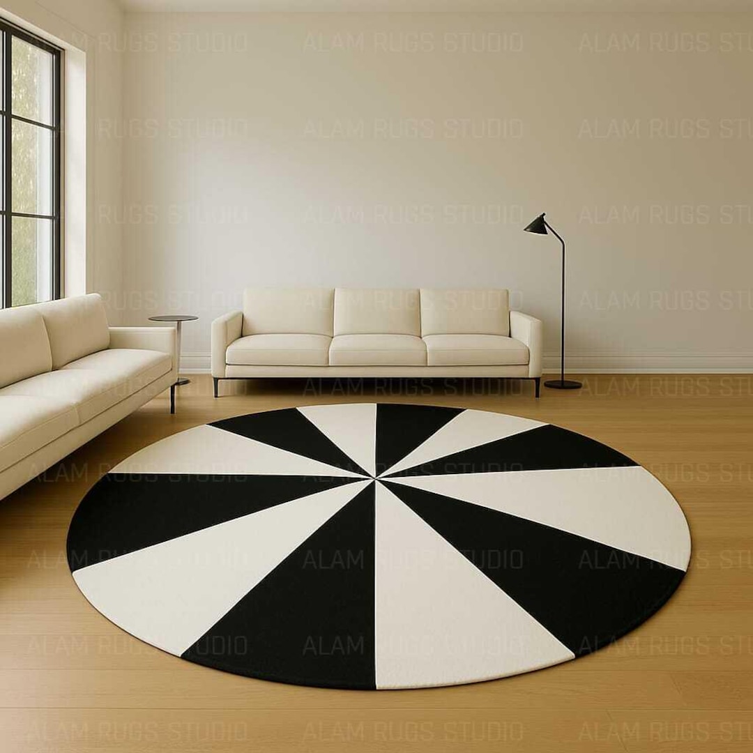Modern Black and White Round Rug, Geometric Pinwheel Carpet, Minimalist ...