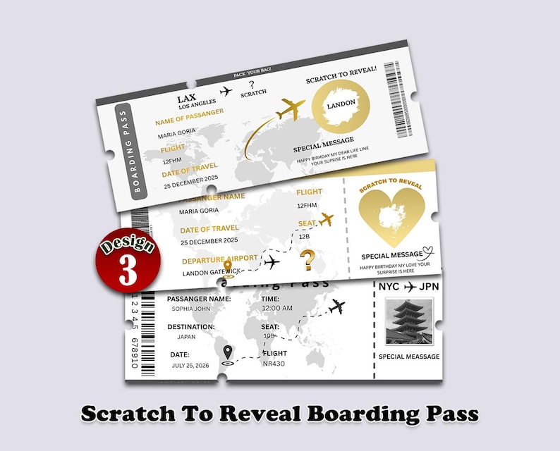 Editable Scratch Boarding Pass Reveal Plane Ticket Card Custom Travel ...