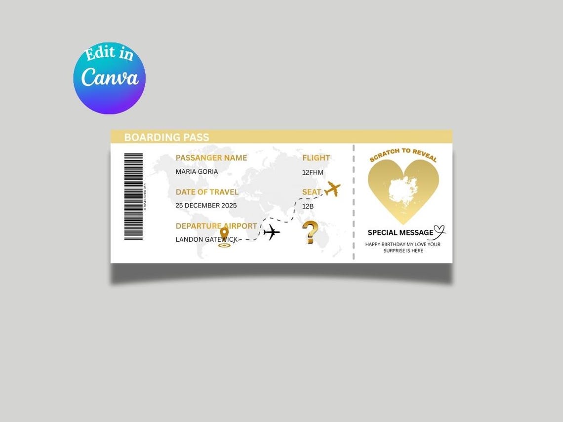 Editable Scratch Boarding Pass Reveal Plane Ticket Card Custom Travel ...