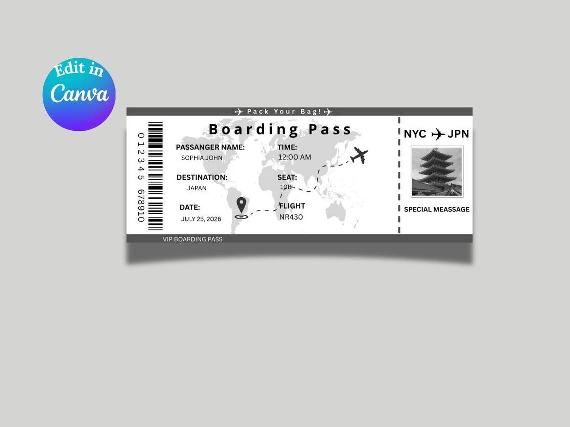 Editable Scratch Boarding Pass Reveal Plane Ticket Card Custom Travel ...