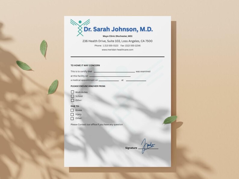Editable Doctor's Excuse Template for Work/school (word, Canva ...