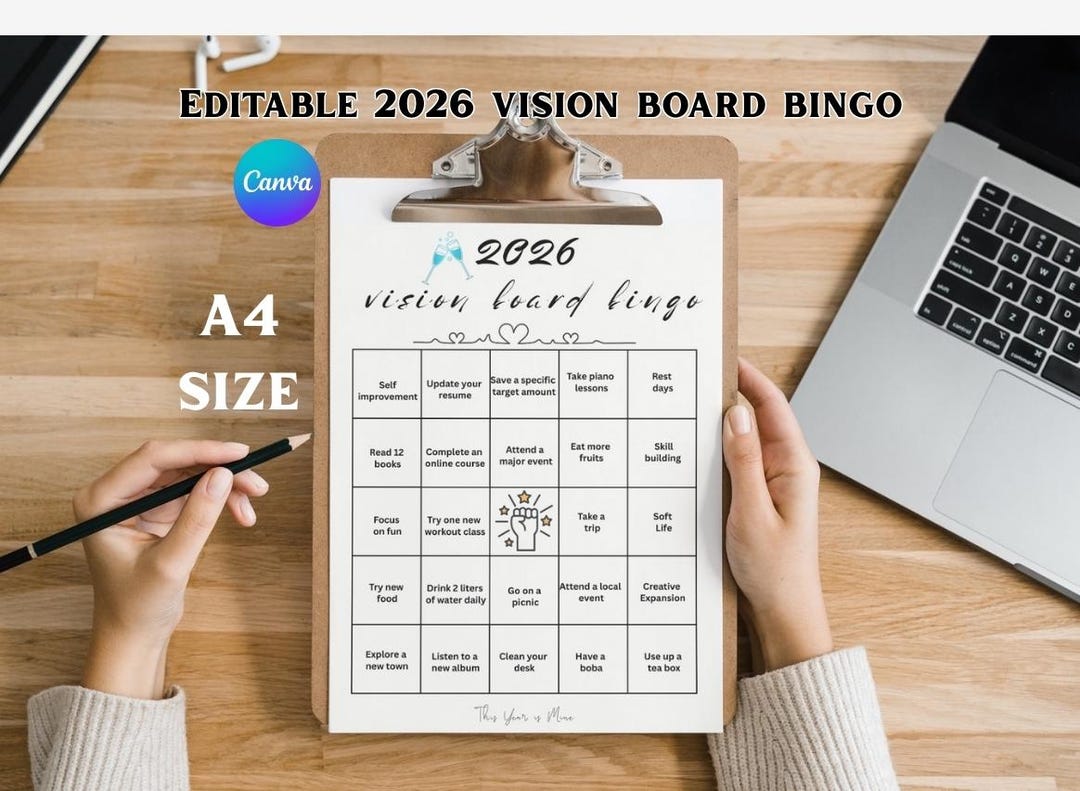 Editable 2026 Vision Board Bingo Card Template | Printable Goals ...