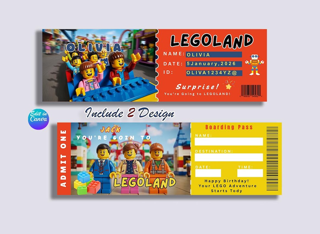 Editable Legoland Ticket Theme Park Gift Voucher Template Birthday ...