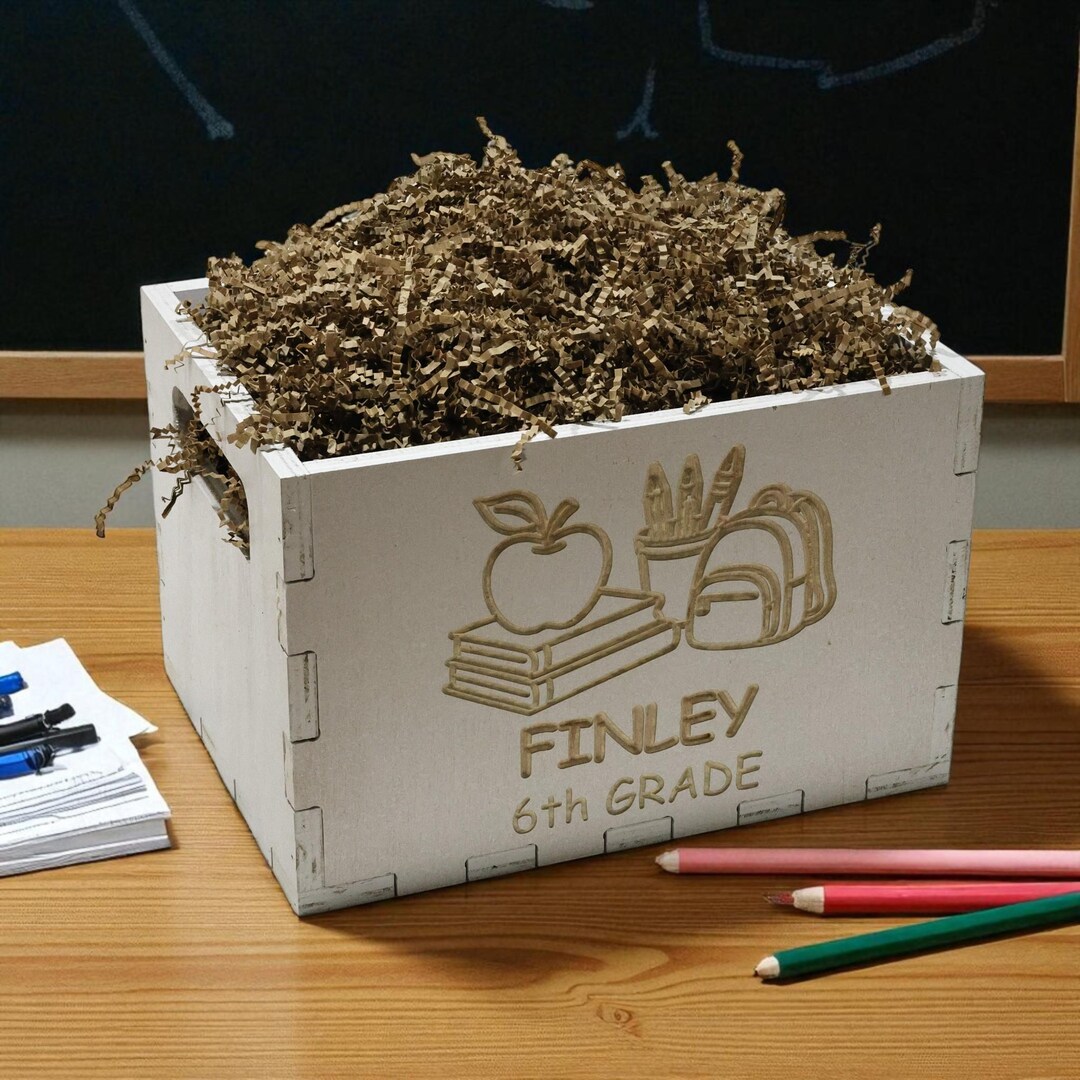 Custom Engraved School Crate – Apple & Books Design – Personalized Back ...