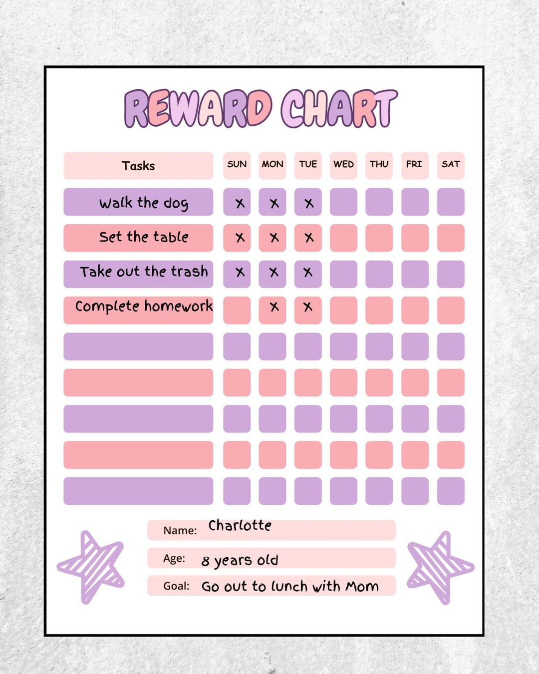 Printable Kids Reward Chart: Pink Behavior, Potty Training, Chores ...