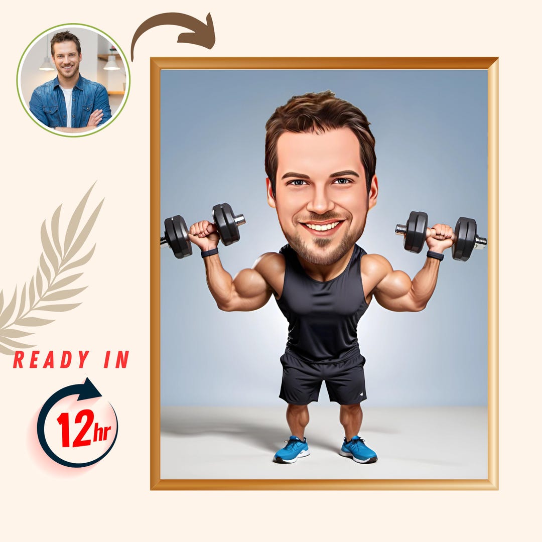 Custom Gym Cartoon Portrait | Personalized Fitness Trainer Caricature ...