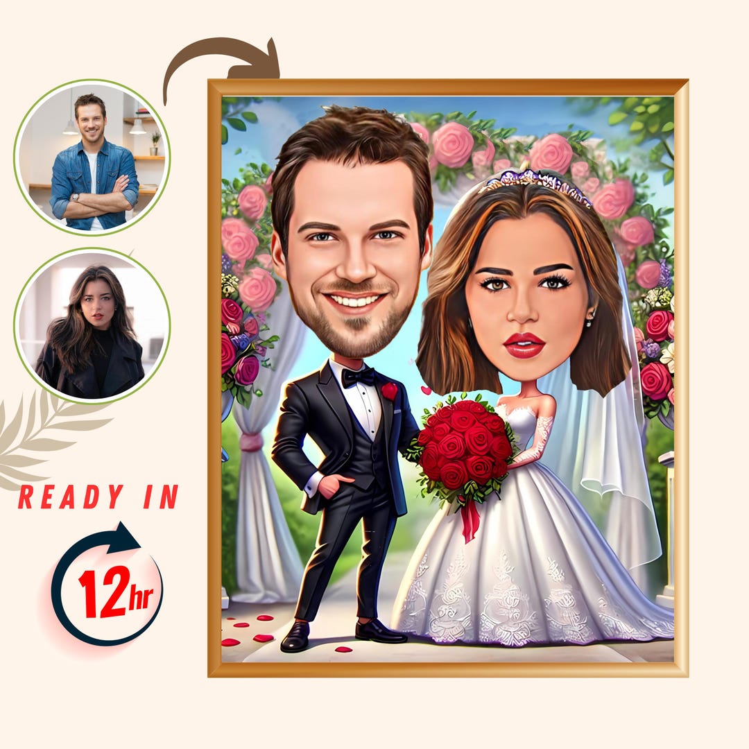 Wedding Couple Caricature, Personalized Wedding Cartoon Portrait ...