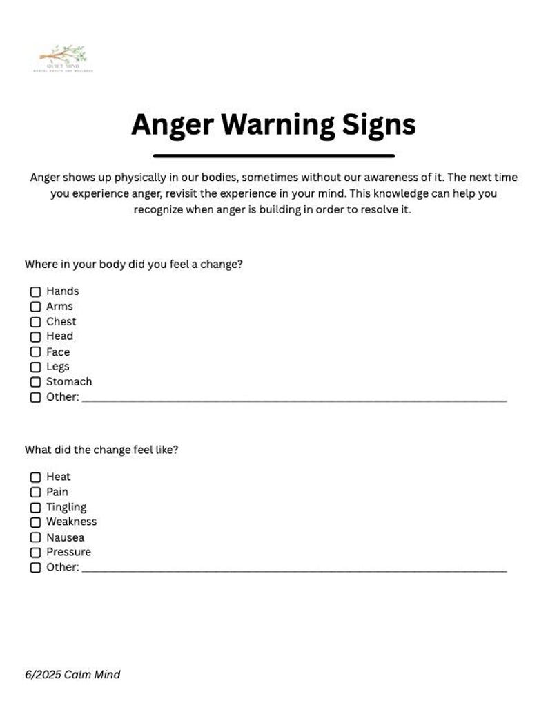 Anger Warning Signs - Therapy Worksheet That Promotes Mental Well-being ...