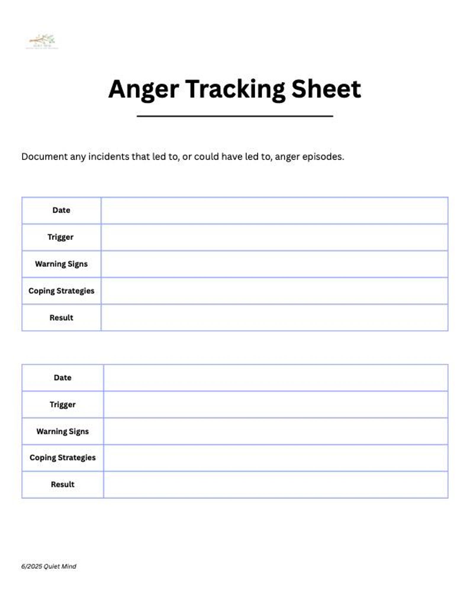Anger Management Tracking Sheet - Etsy