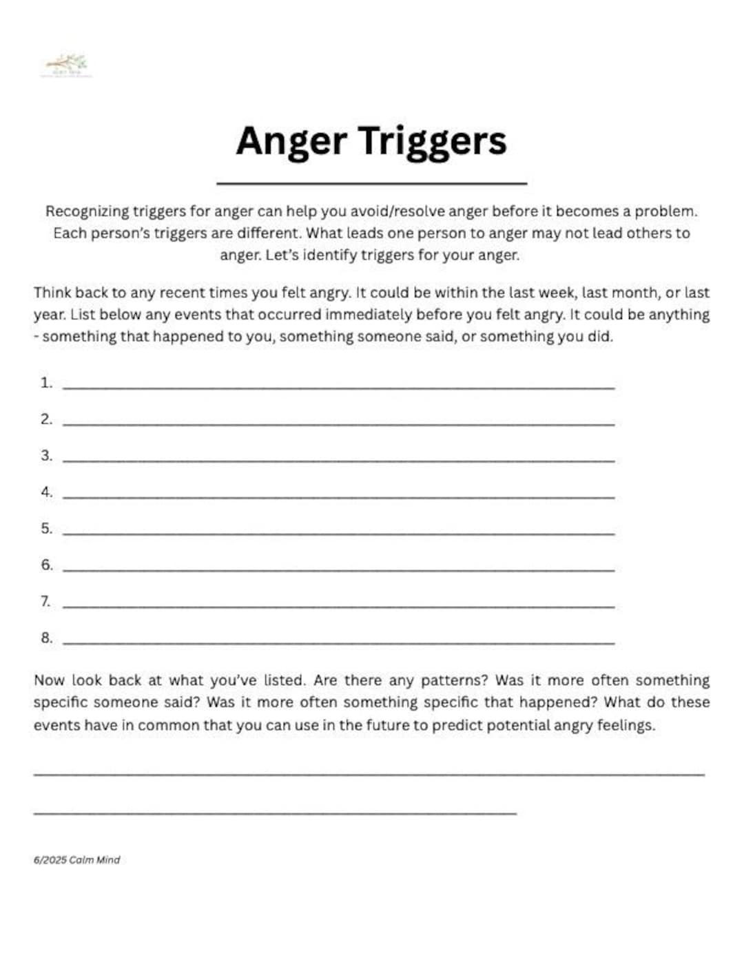 Anger Triggers - Worksheet to Promote Emotional Well-being and Improve ...