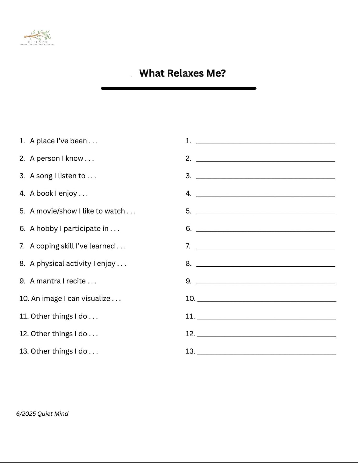 What Relaxes Me? Therapy Worksheet That Promotes Mental Well-being ...