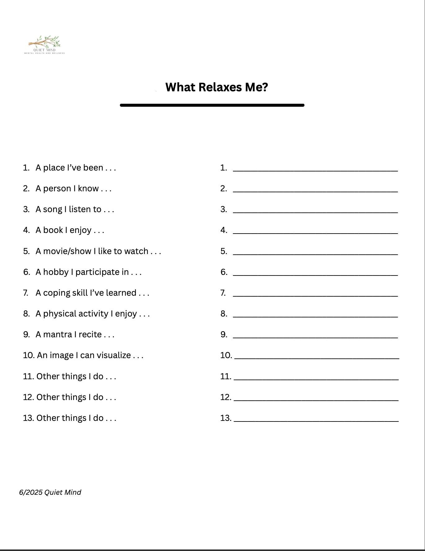 What Relaxes Me? Therapy Worksheet That Promotes Mental Well-being ...