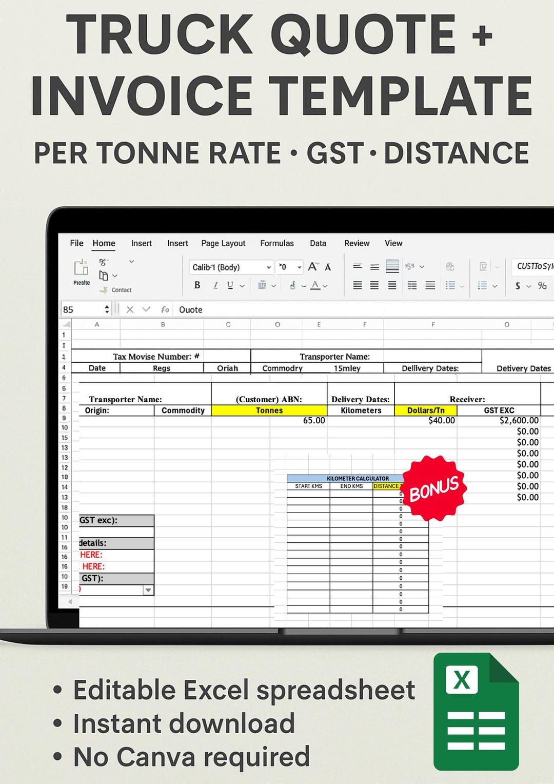 Truck Quote & Invoice Template (excel) | Freight Calculator + KM Rate ...