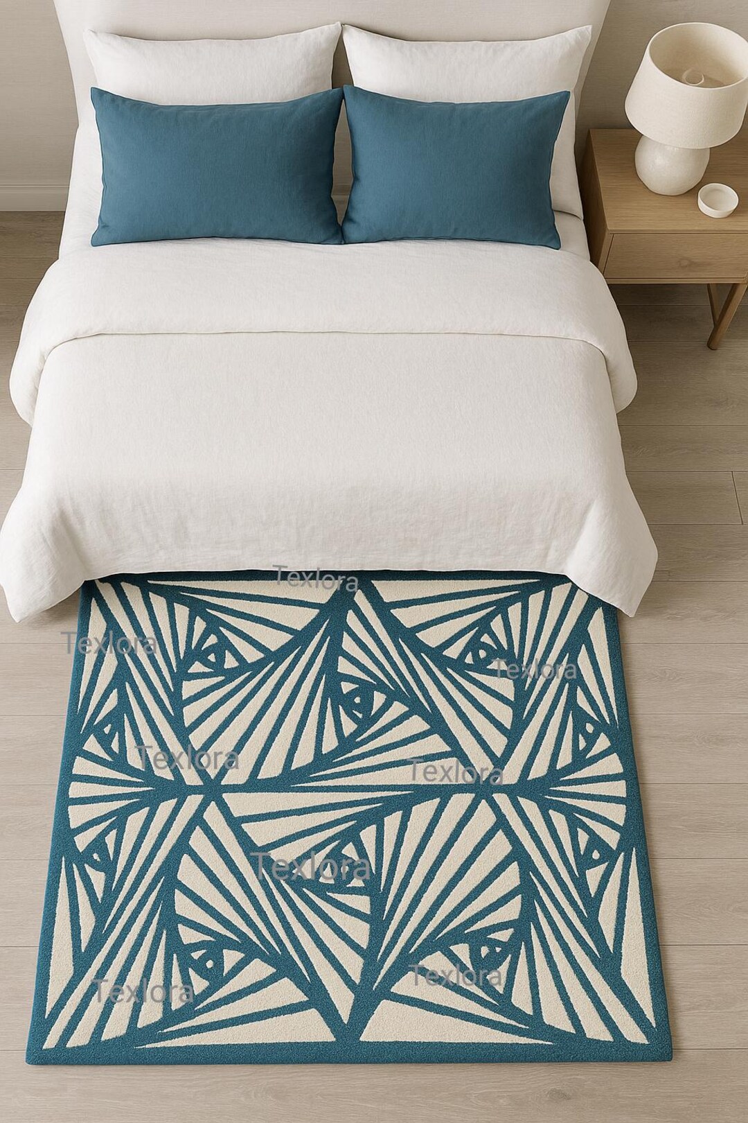 Handmade Teal Geometric Wool Rug, Modern Tufted Area Living Room Carpet ...