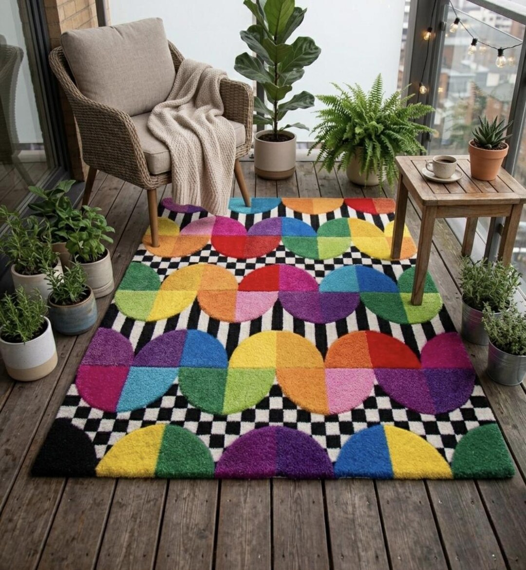 Handmade Tufted Wool Rug Colorful Geometric Checkerboard Design New ...