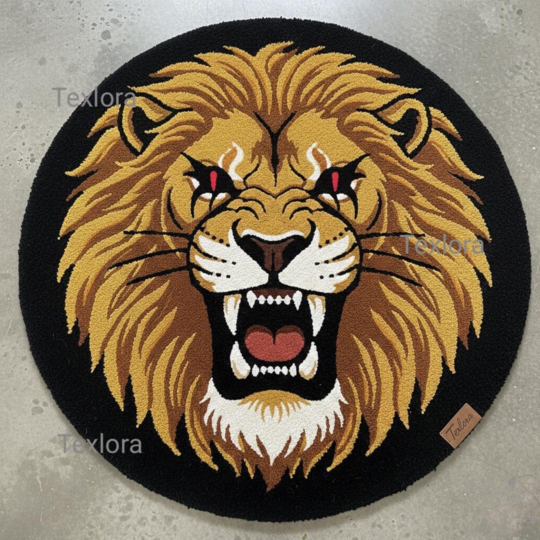 Angry Lion Face Hand Tufted Wool Rug Black & Gold Round Animal Carpet ...