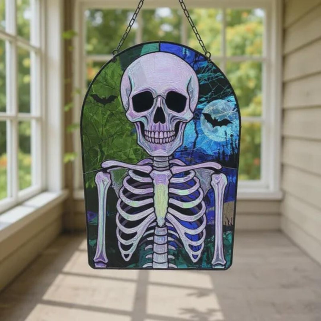 Skeleton Man Suncatcher: Gothic Halloween Window Decoration, Stained ...