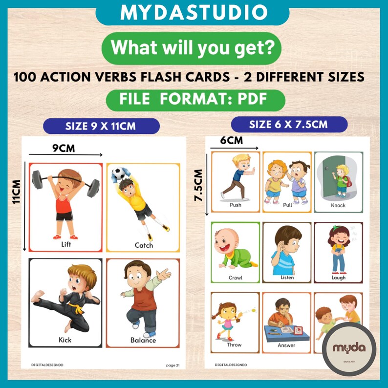 100 Action Verbs Flash Cards | Printable English Learning Cards | Kids ...