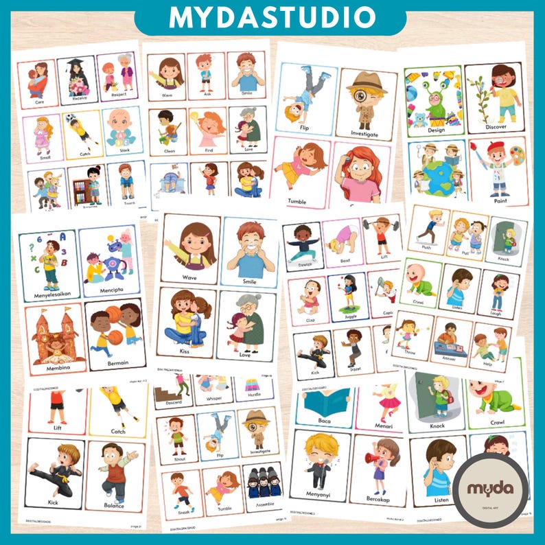 100 Action Verbs Flash Cards | Printable English Learning Cards | Kids ...