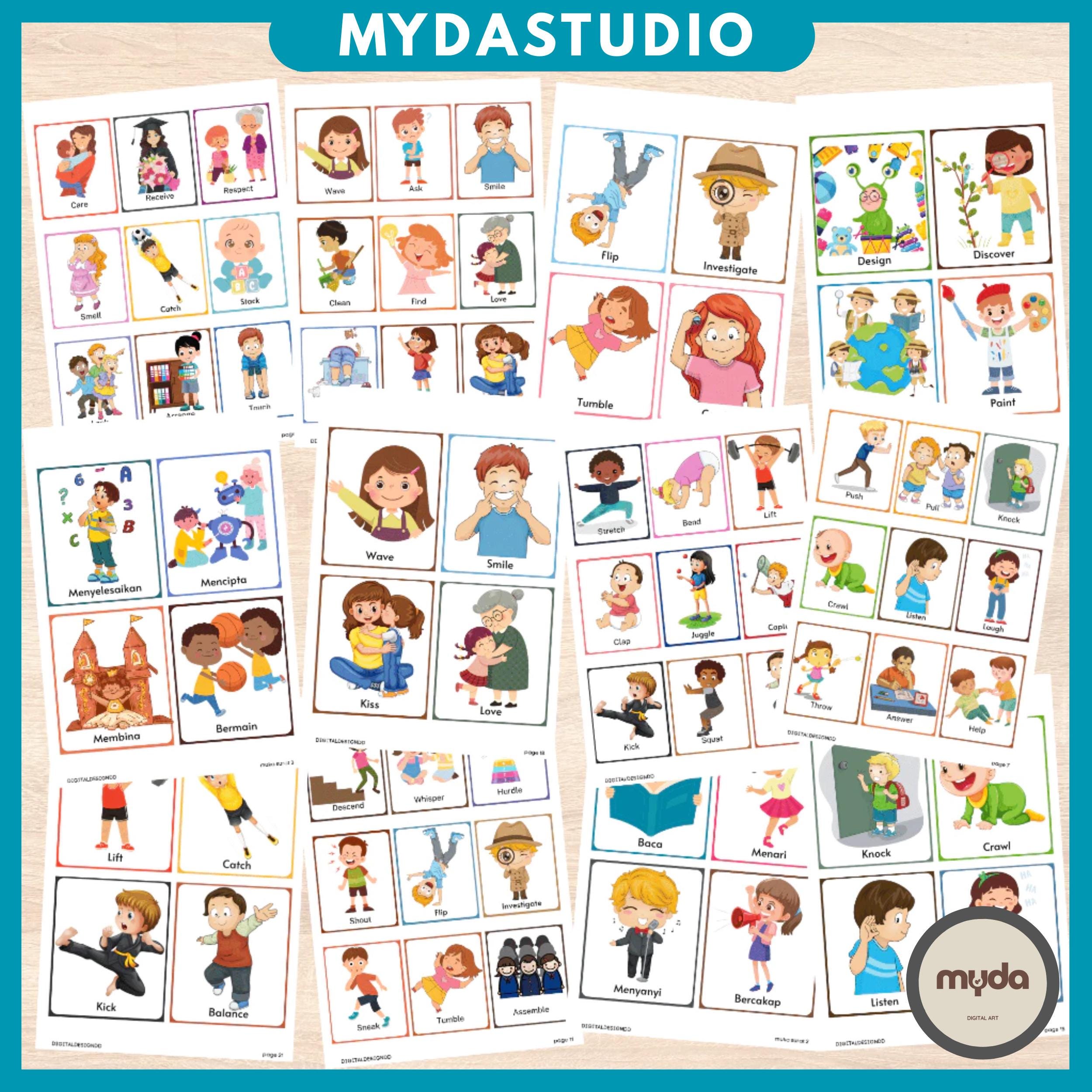 100 Action Verbs Flash Cards | Printable English Learning Cards | Kids ...