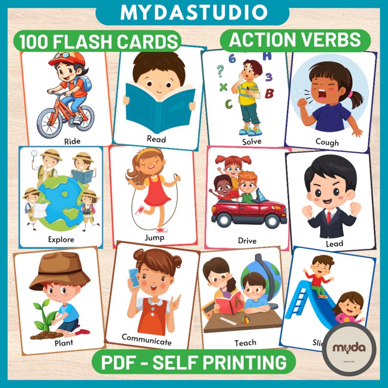 100 Action Verbs Flash Cards | Printable English Learning Cards | Kids ...