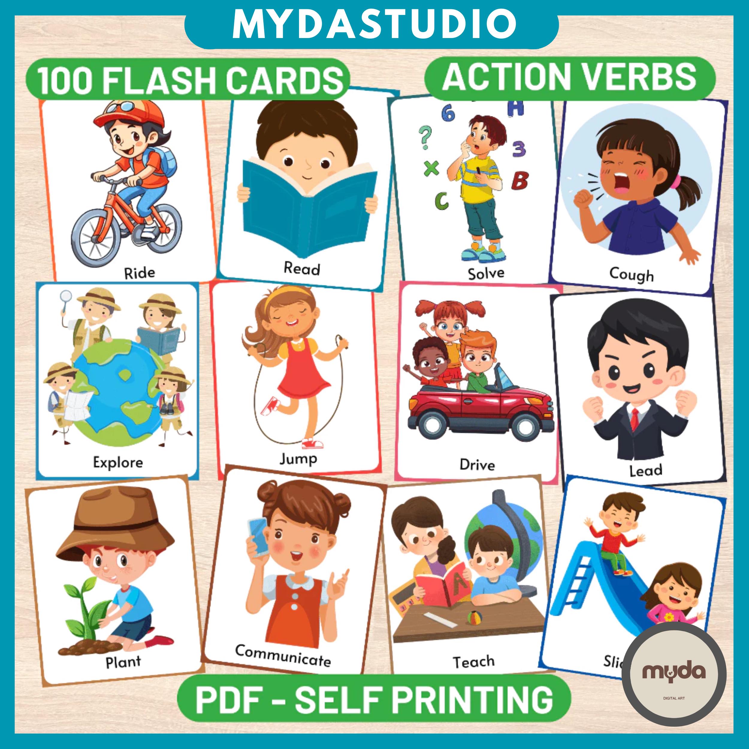 100 Action Verbs Flash Cards | Printable English Learning Cards | Kids ...