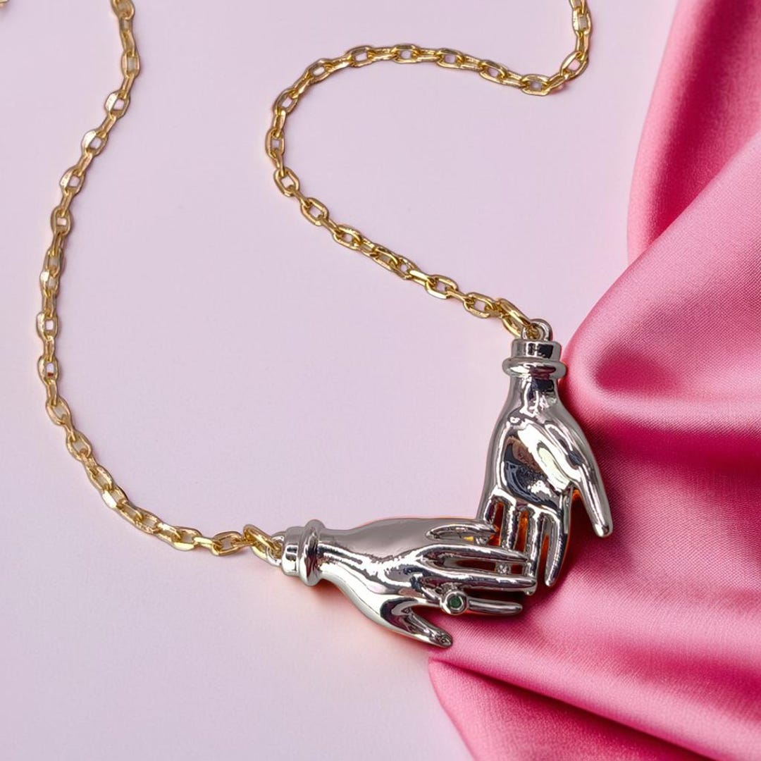 Silver Hand Symbol Pendant Gold Necklace, Grasping Hands on Adjustable ...