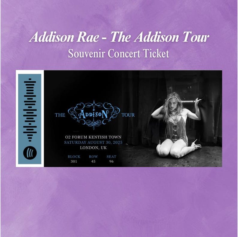 Addison Rae the Addison Tour 2025 Customised Souvenir Concert Ticket ...