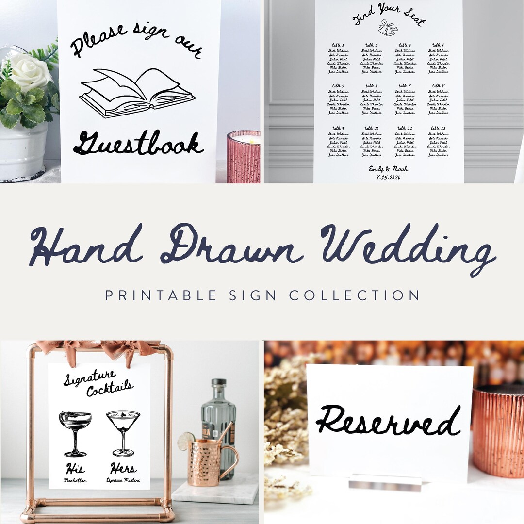 Hand Drawn Wedding Sign Template Bundle | Printable, Editable (digital ...